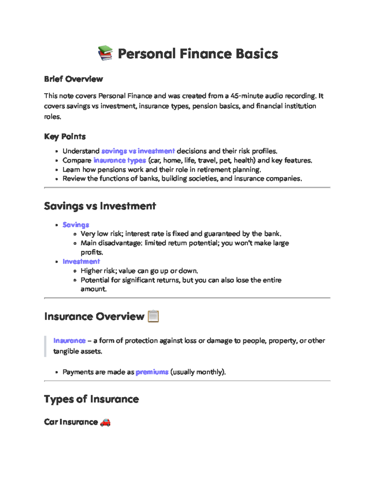 Personal Finance Basics: Savings, Insurance & Pensions Overview - Studocu