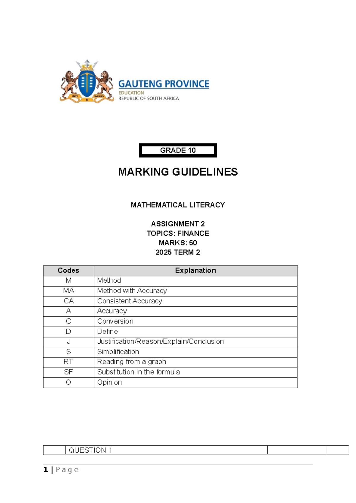 GRADE 10 MATH LIT ASSIGNMENT 2 MARKING GUIDELINES 2025 TERM 2 - Studocu