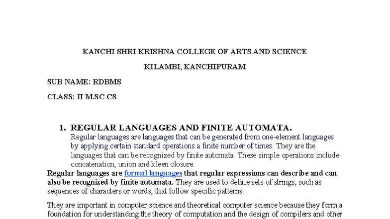 RDBMS II M.Sc CS: Regular Languages & Finite Automata Notes - Studocu