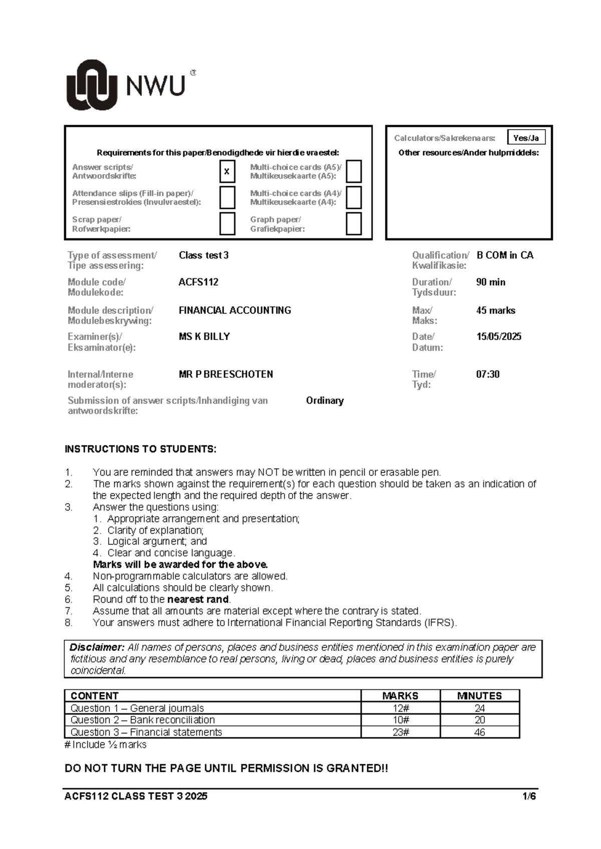 2025 ACFS112 Class Test 3: Financial Accounting Requirements and ...