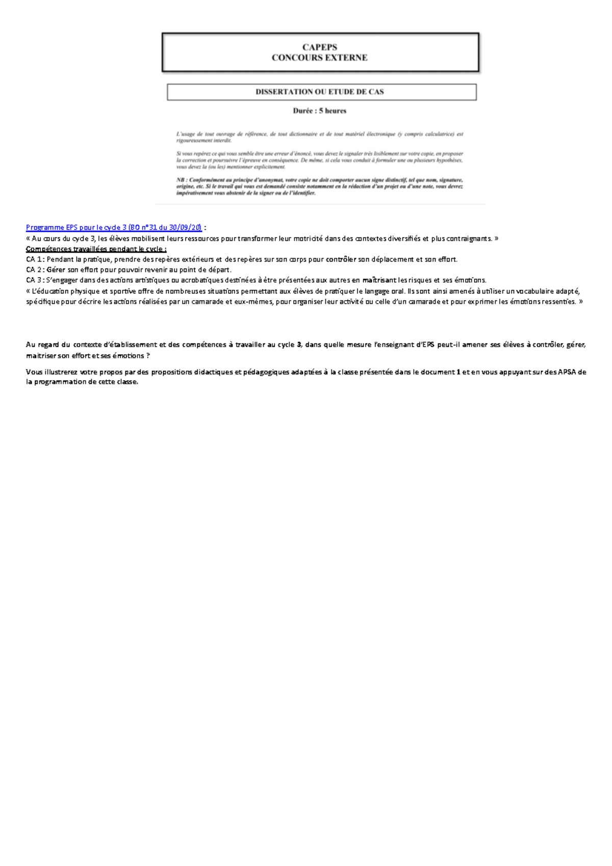 Entraînement EPS Cycle 3 : Gestion de l'effort et des émotions - Studocu