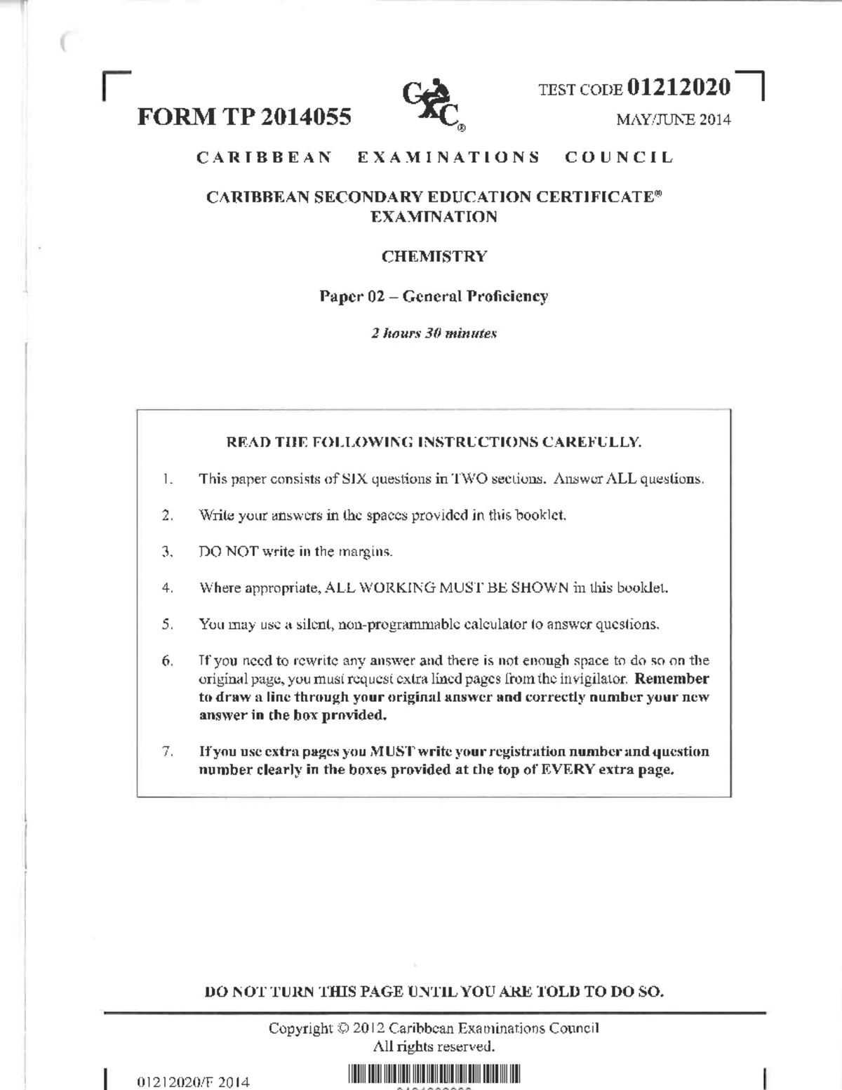 CSEC Chemistry 2014 Paper 02 General Proficiency Exam Guide - Studocu