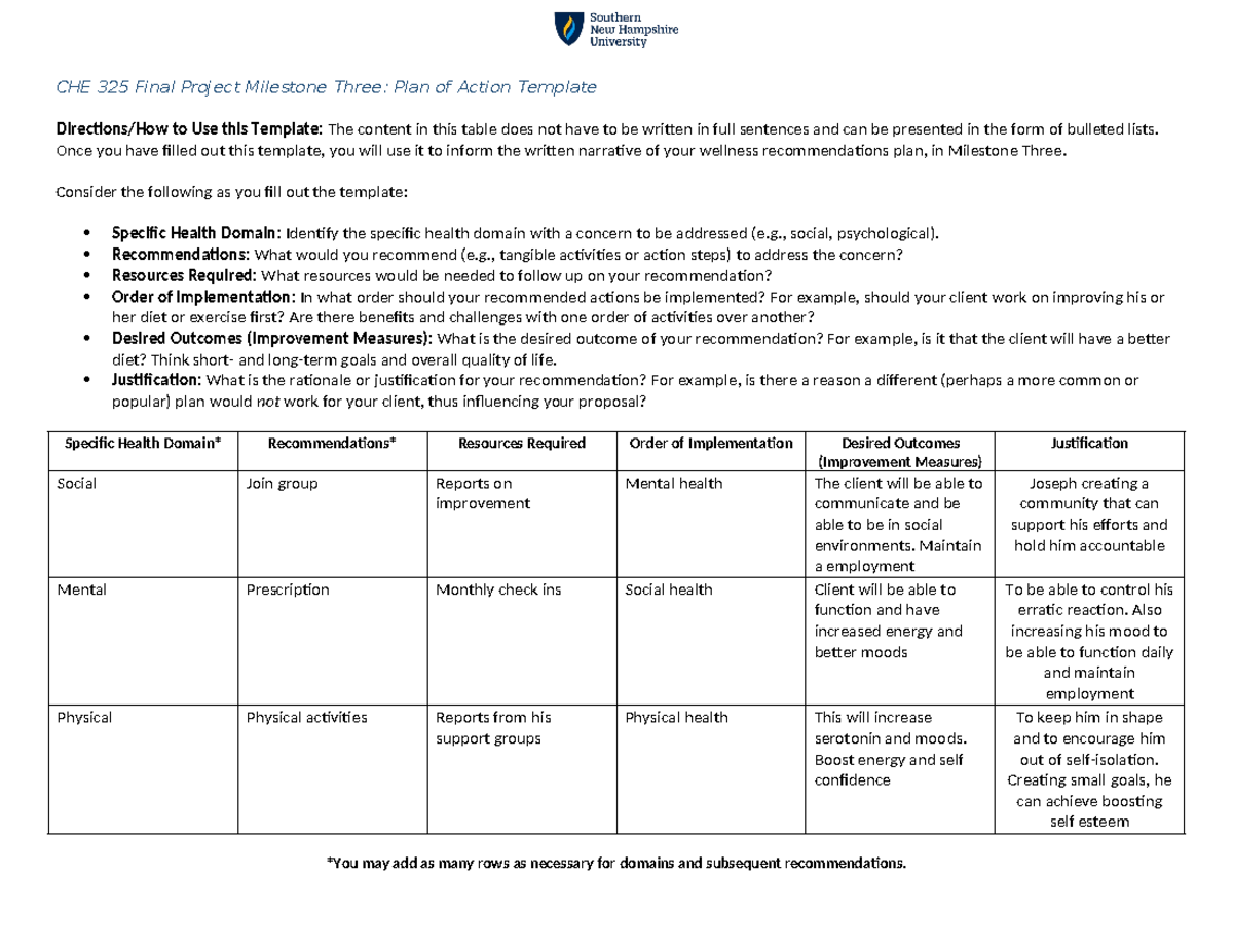 CHE 325 Final Project Milestone 3: Action Plan Template Guide - Studocu