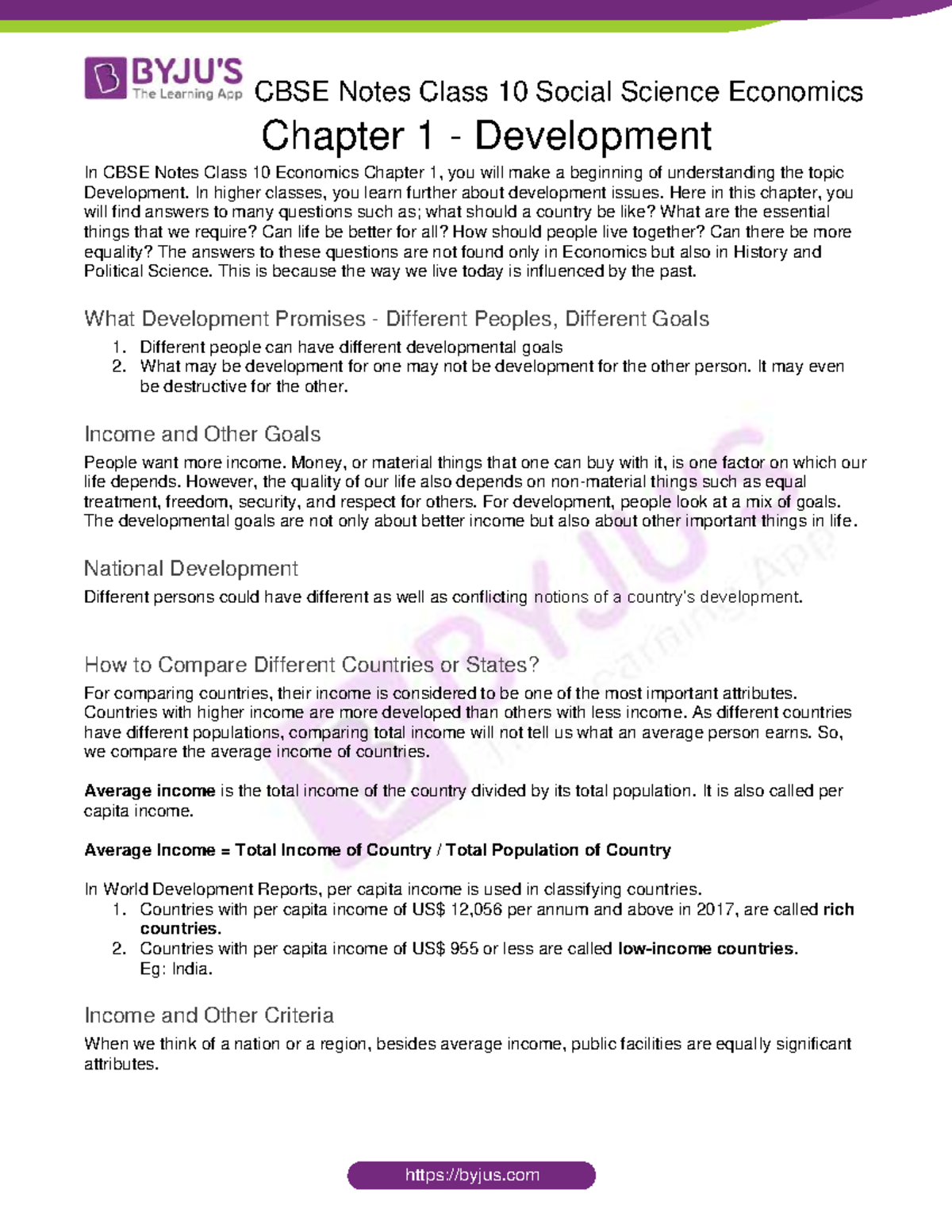 CBSE Class 10 Economics Notes: Chapter 1 - Development Insights - Studocu