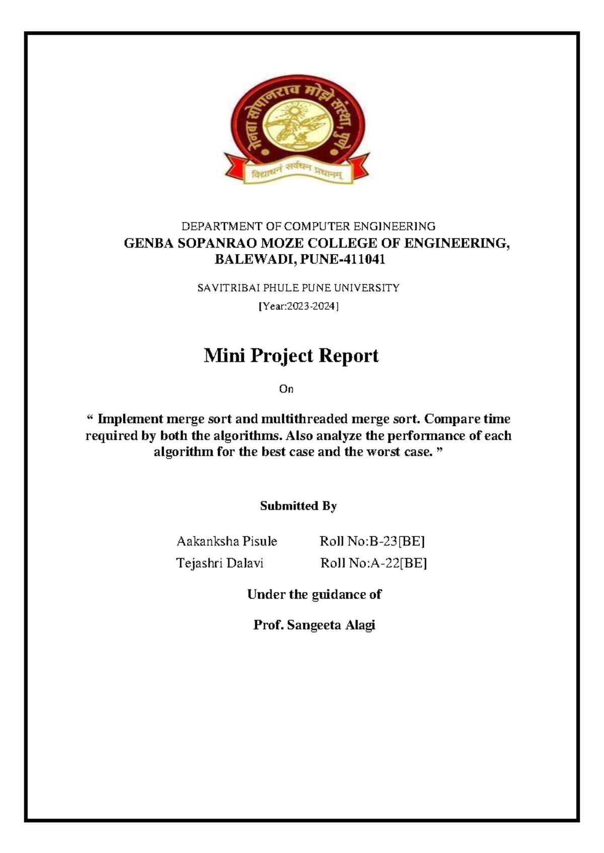 DAA Report - daa practical mini project - DEPARTMENT OF COMPUTER ENGINEERING GENBA SOPANRAO MOZE ...