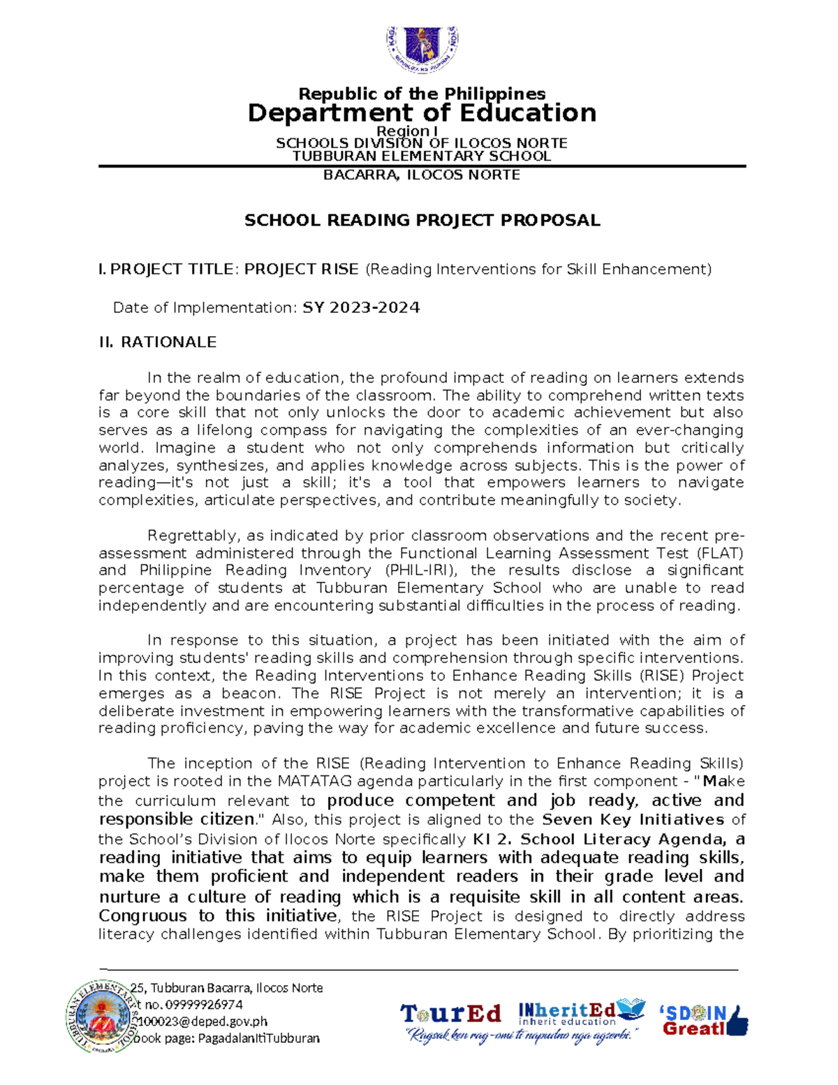 Project RISE Proposal: Enhancing Reading Skills at Tubburan ES - Studocu