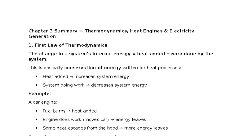 Chapter 3 Summary: Thermodynamics & Heat Engines (Electricity Gen 1 ...