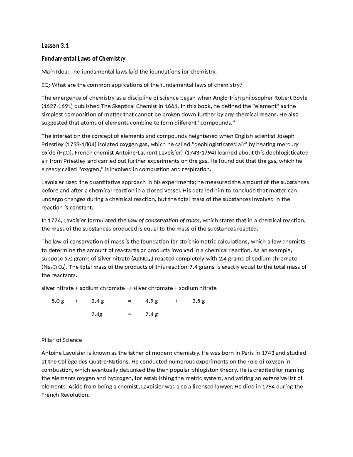 Fundamental Laws of Chemistry - Lesson 3. Fundamental Laws of Chemistry ...
