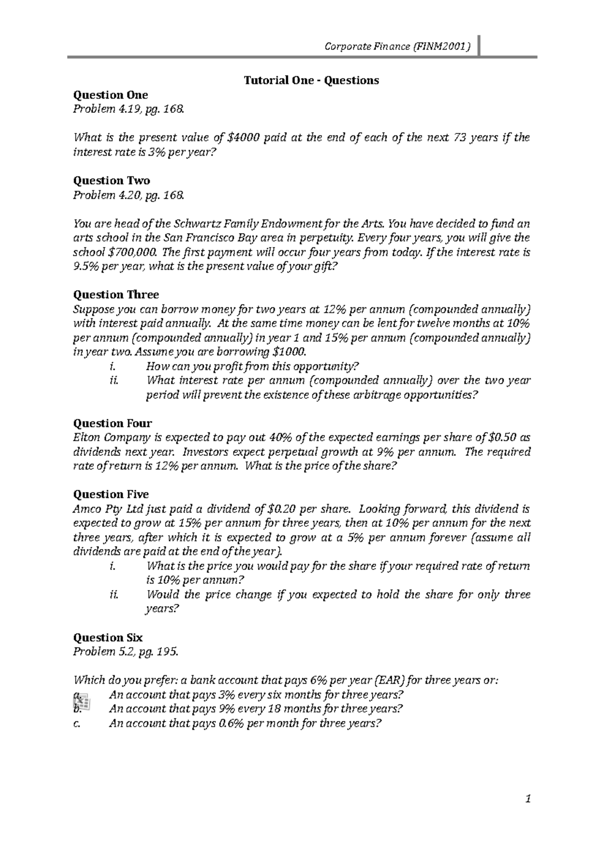 TQ1 - introduction + time value of money - Corporate Finance (FINM2001 ...