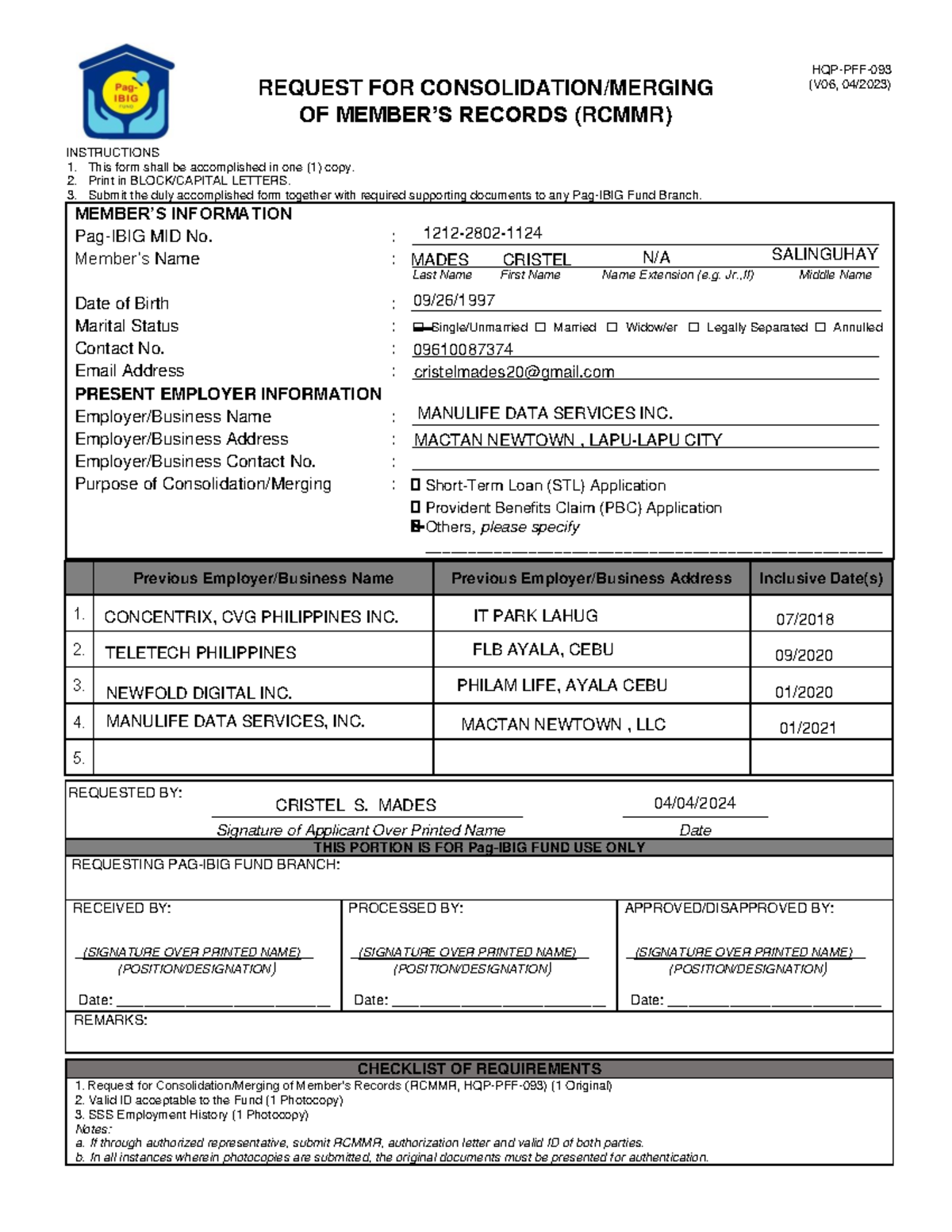 PFF093 Request for Consolidation/Merging of Member Records V06 - Studocu
