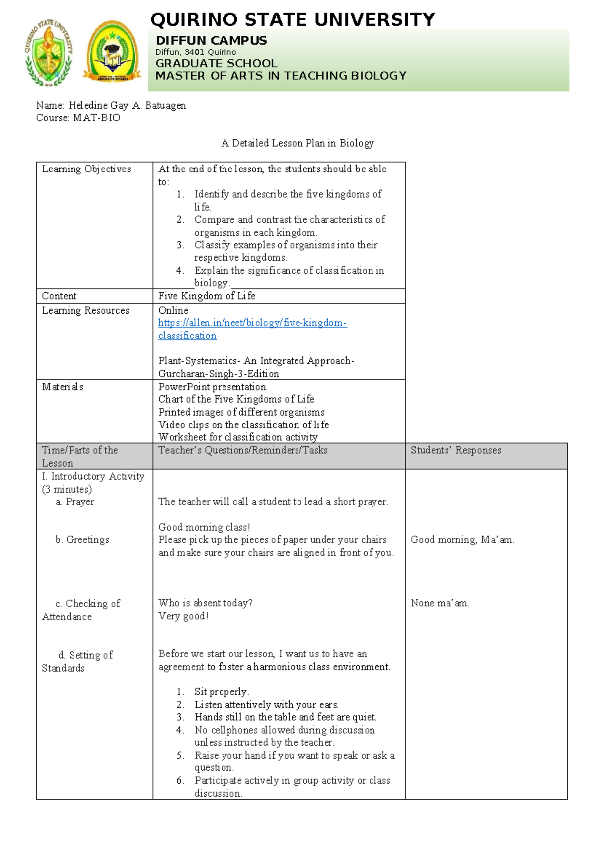 Detailed Lesson Plan on the Five Kingdoms of Life (BIO 101) - Studocu