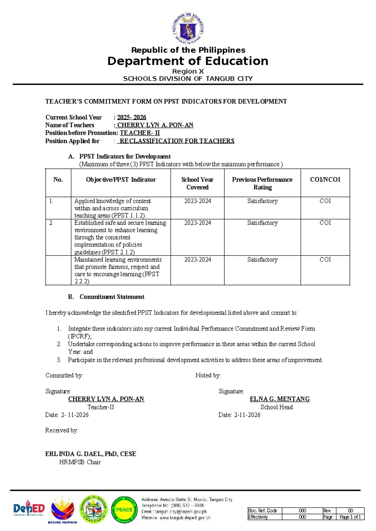 Teacher's Commitment Form on PPST Indicators for Development 2026 - Studocu