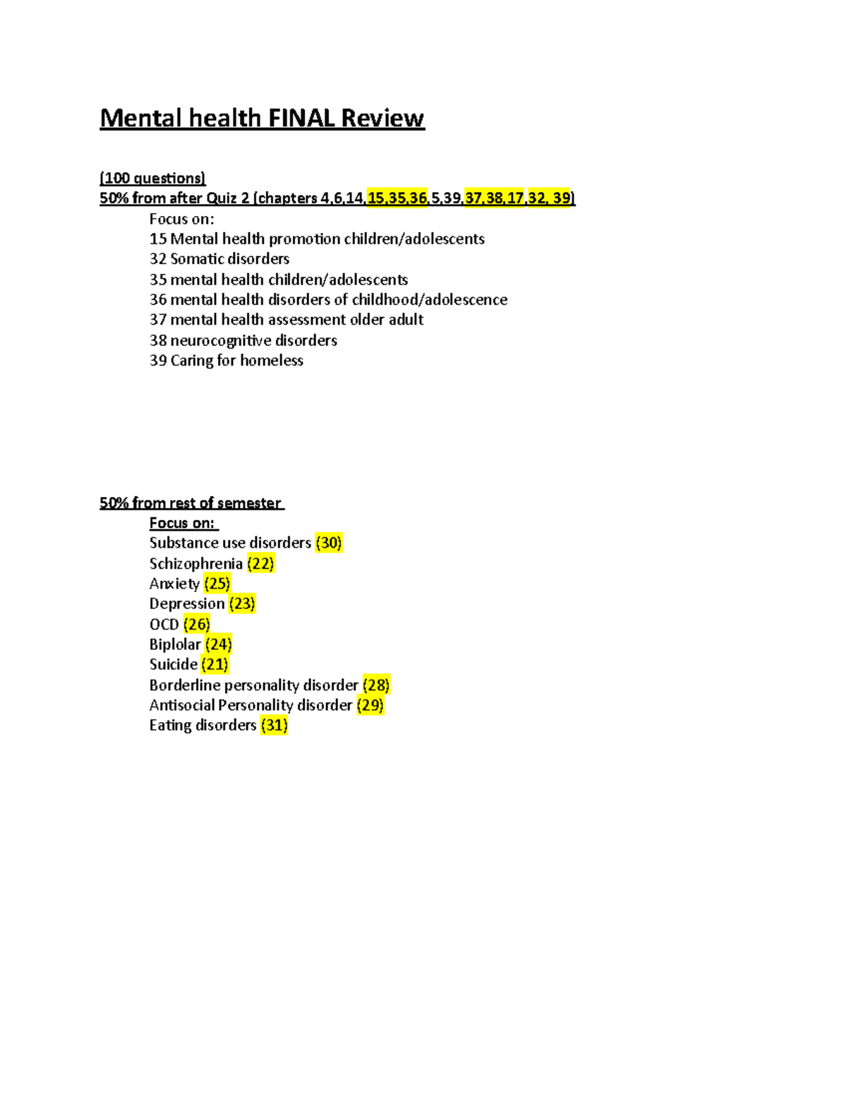 Mental Health Final Review - Mental health FINAL Review (100 questions ...