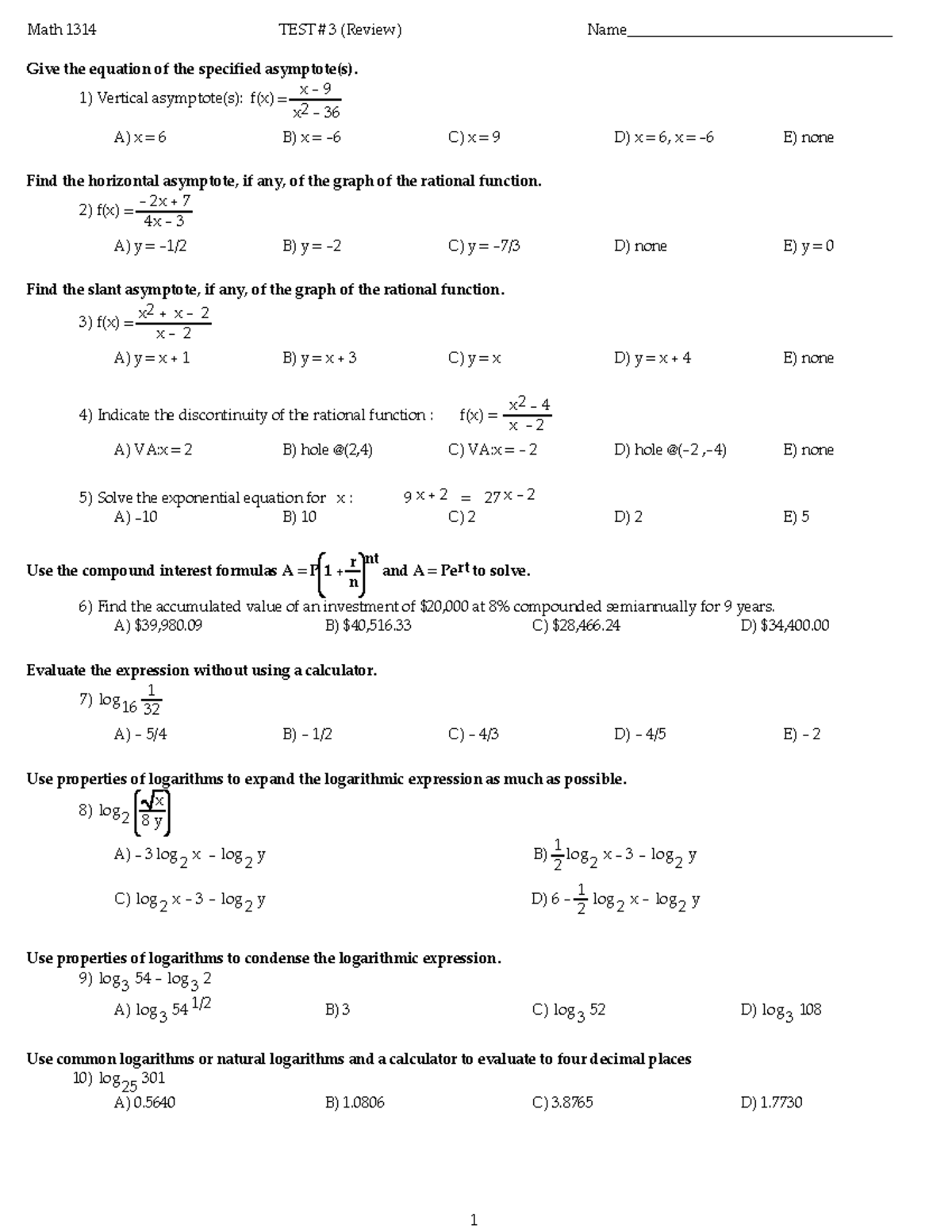 Math 1314 Final Exam Practice: Asymptotes and Logarithmic Equations ...