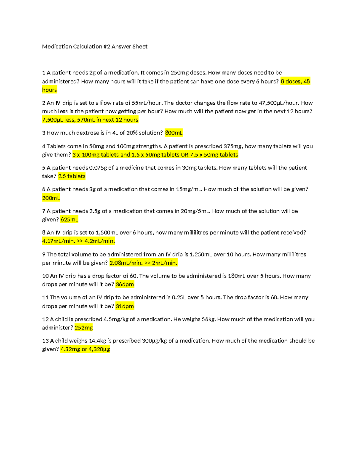 Medication Calc #2 Answer Sheet: Detailed Solutions and Explanation ...