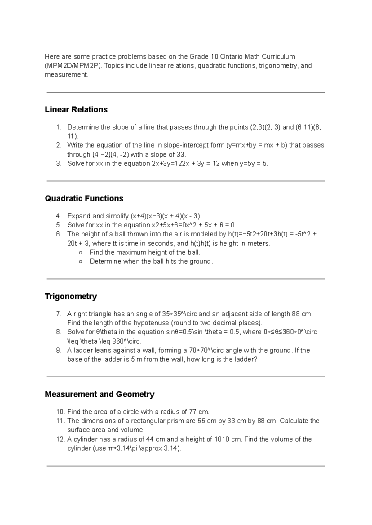 MPM2D/MPM2P Grade 10 Math Practice Problems and Solutions - Studocu