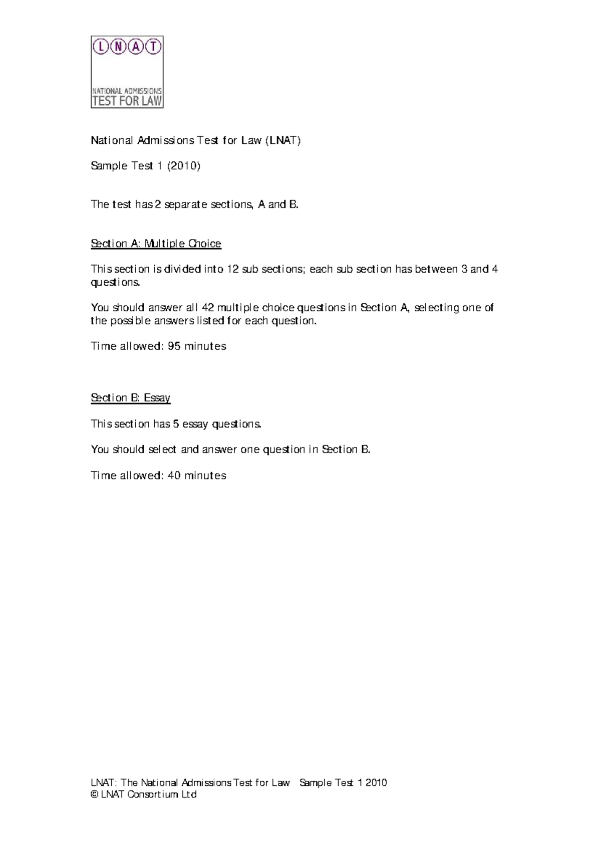 LNAT Sample Test 1 (2010): Comprehensive Practice Questions - Studocu