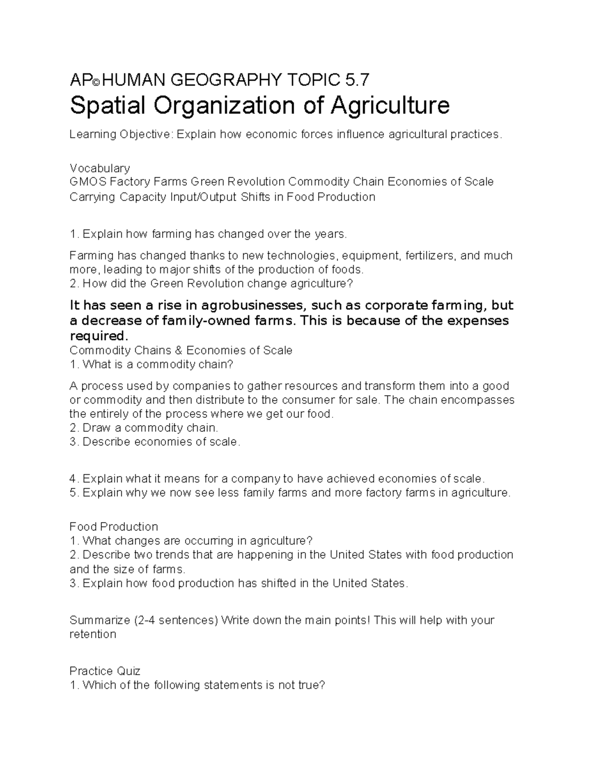 AP© Human Geography Topic 5.7: Spatial Org. of Agriculture & Trends ...