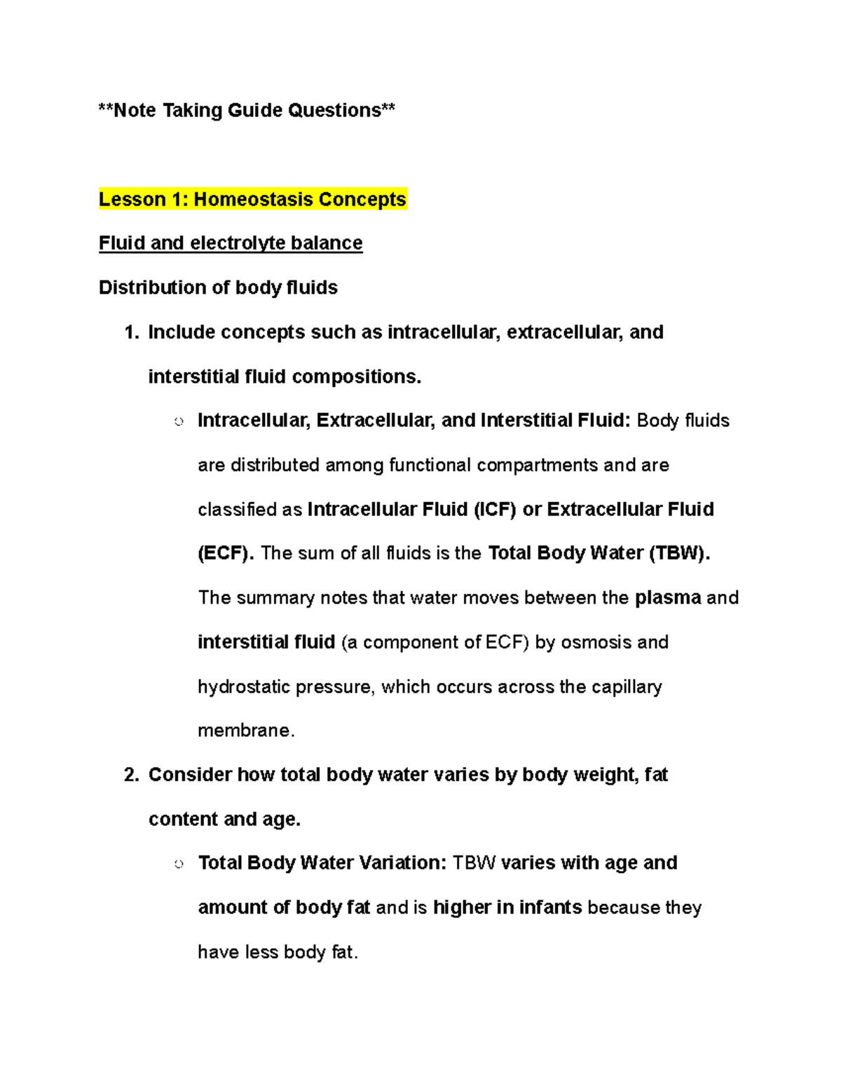 Taking Guide: Lesson 1 - Homeostasis & Fluid Balance Concepts - Studocu