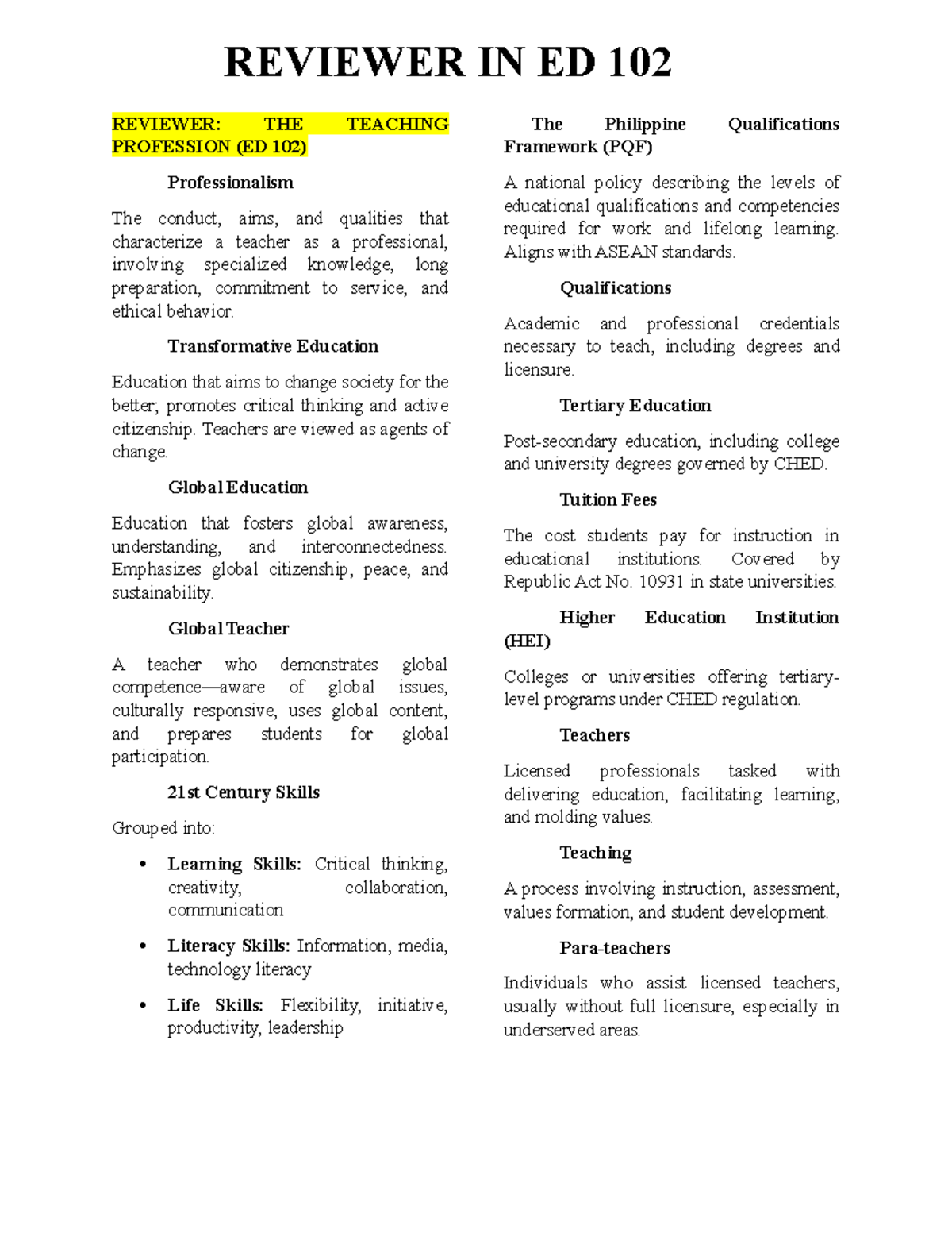 REVIEWER IN ED 102: TEACHING PROFESSIONALISM & MOCK EXAM - Studocu
