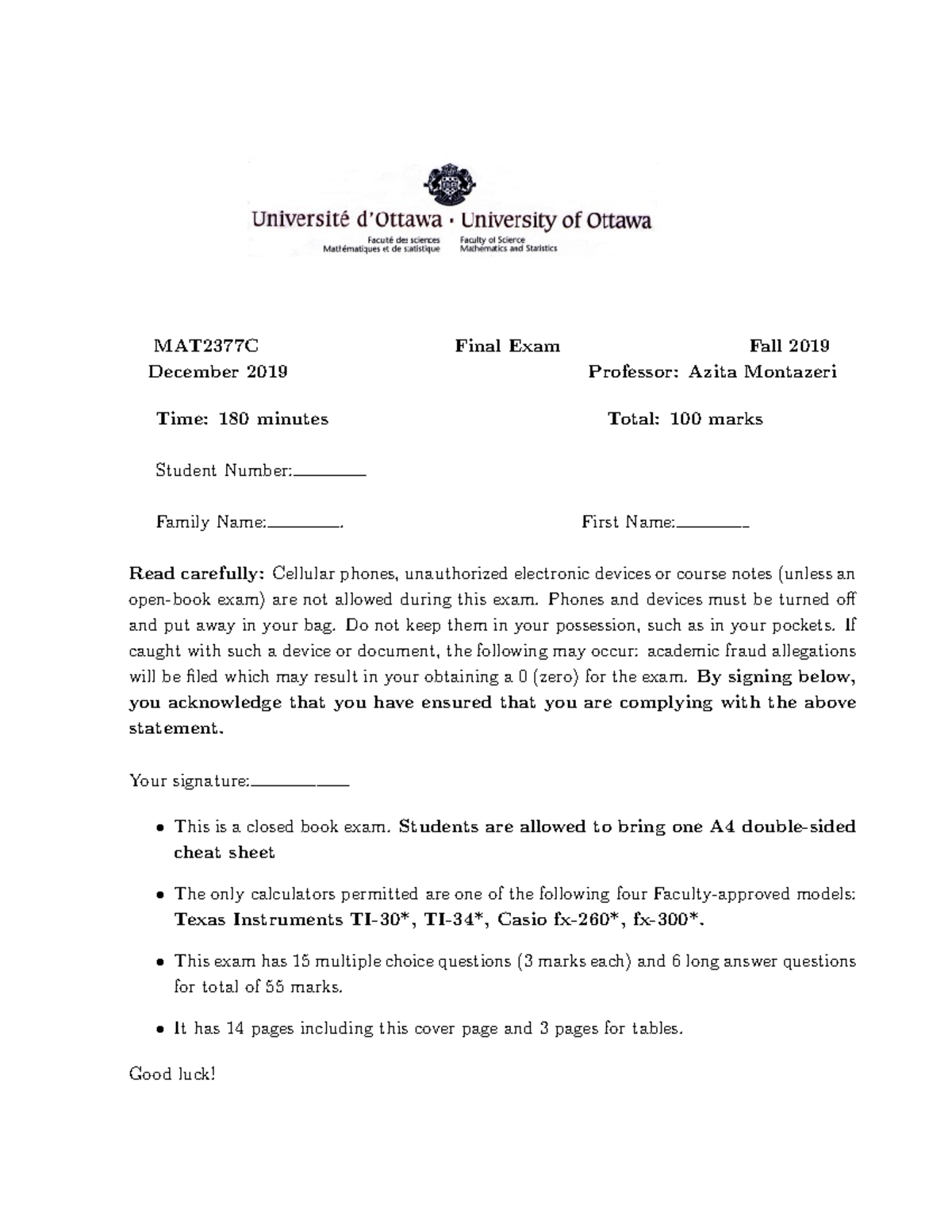 MAT2377C Final Exam Guidelines and Question Overview - Fall 2019 - Studocu