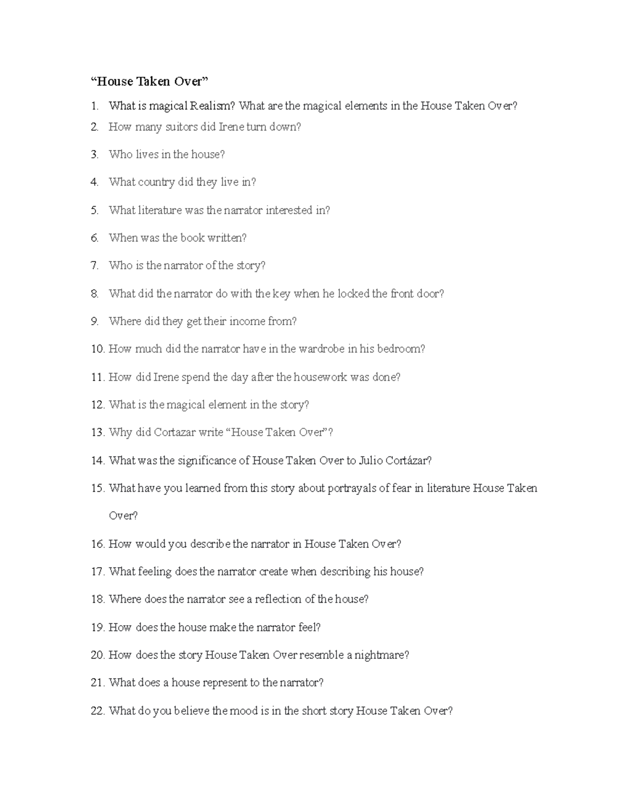 House Taken Over Student Discussion Questions - “House Taken Over” 1 ...