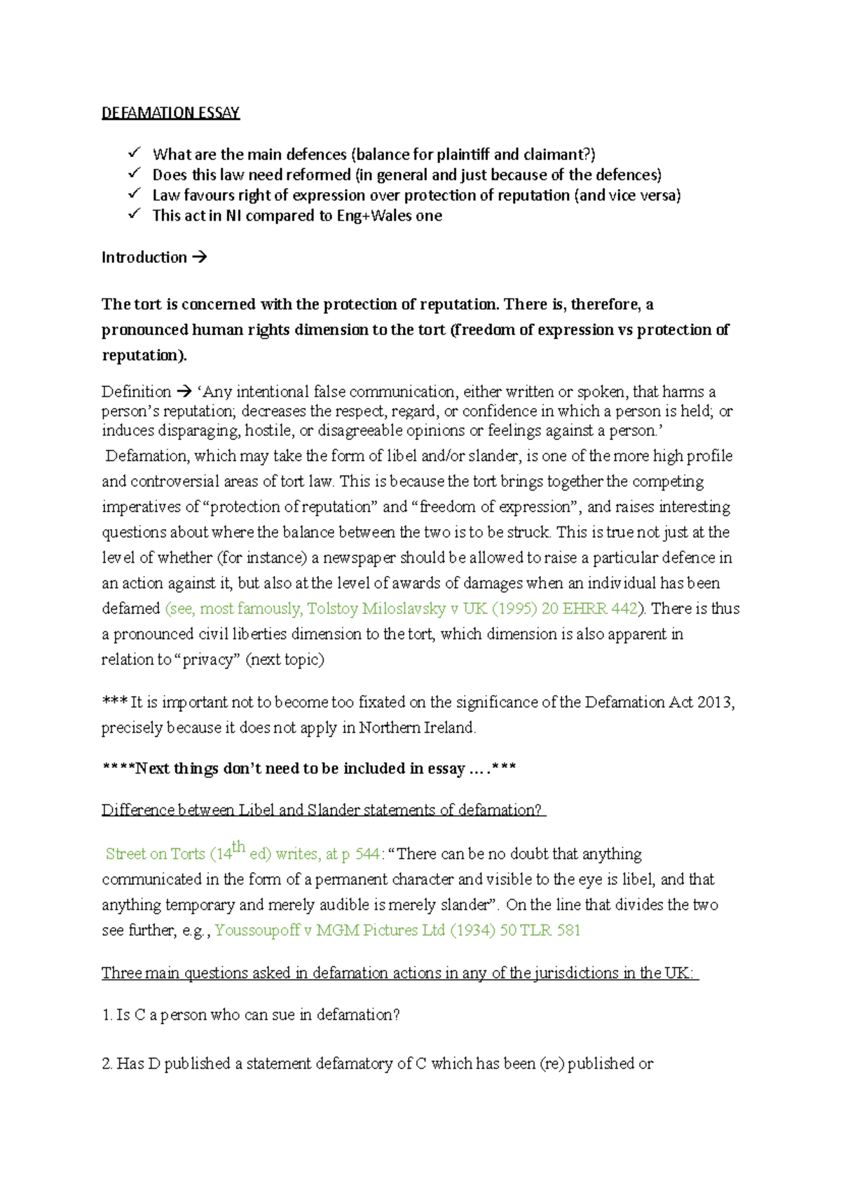 Defamation Essay Analysis (LAW101) - Exploring Reputation & Expression ...