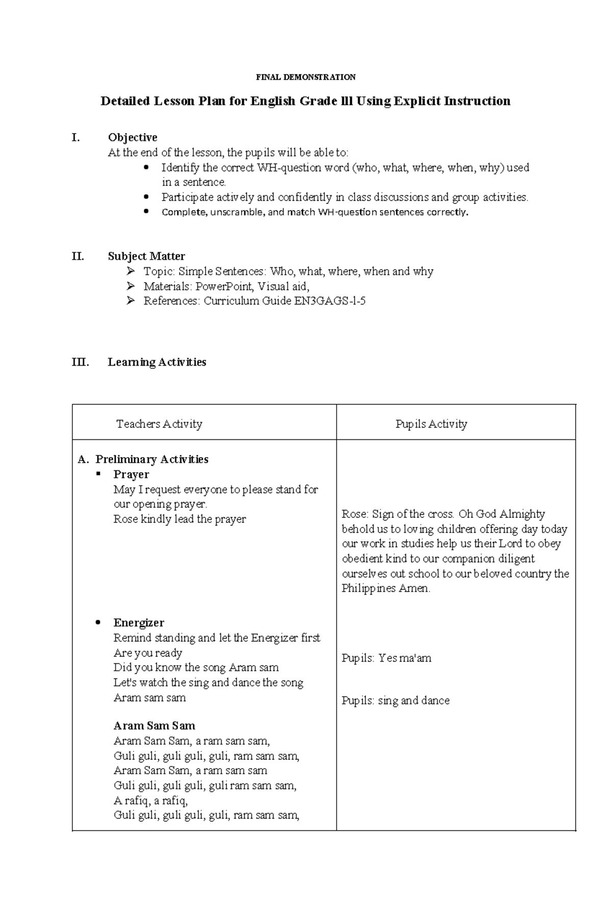 FINAL DEMO Lesson Plan for English Grade: Wh Questions Activities - Studocu
