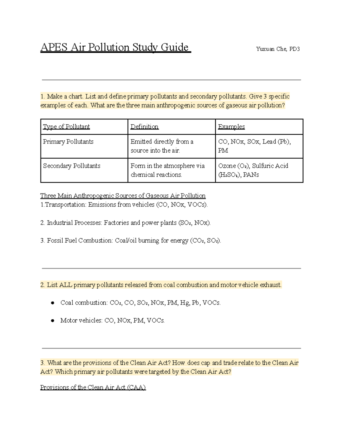 APES Air Pollution Study Guide: Key Concepts and Definitions - Studocu