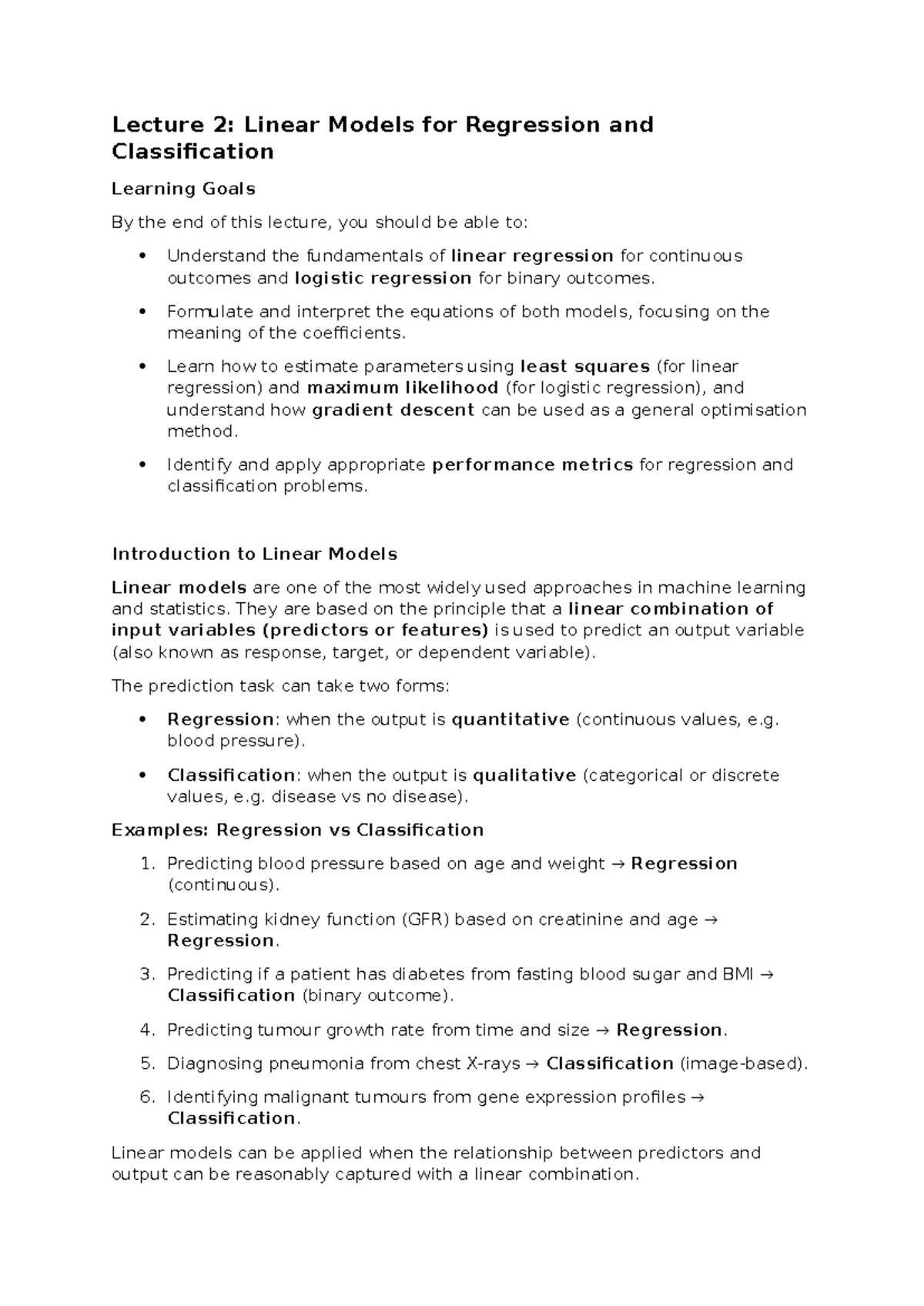 Lecture 2: Linear Models for Regression & Classification (College 2 ...