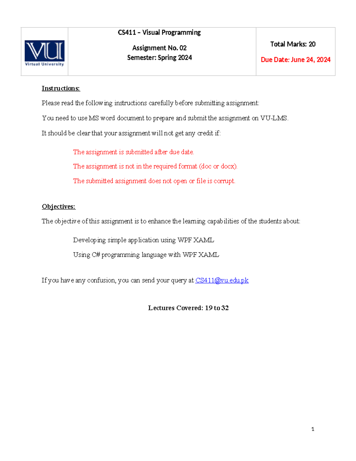 Spring 2024 CS411 2 - final term preparation - CS411 – Visual Programming Assignment No. 02 ...