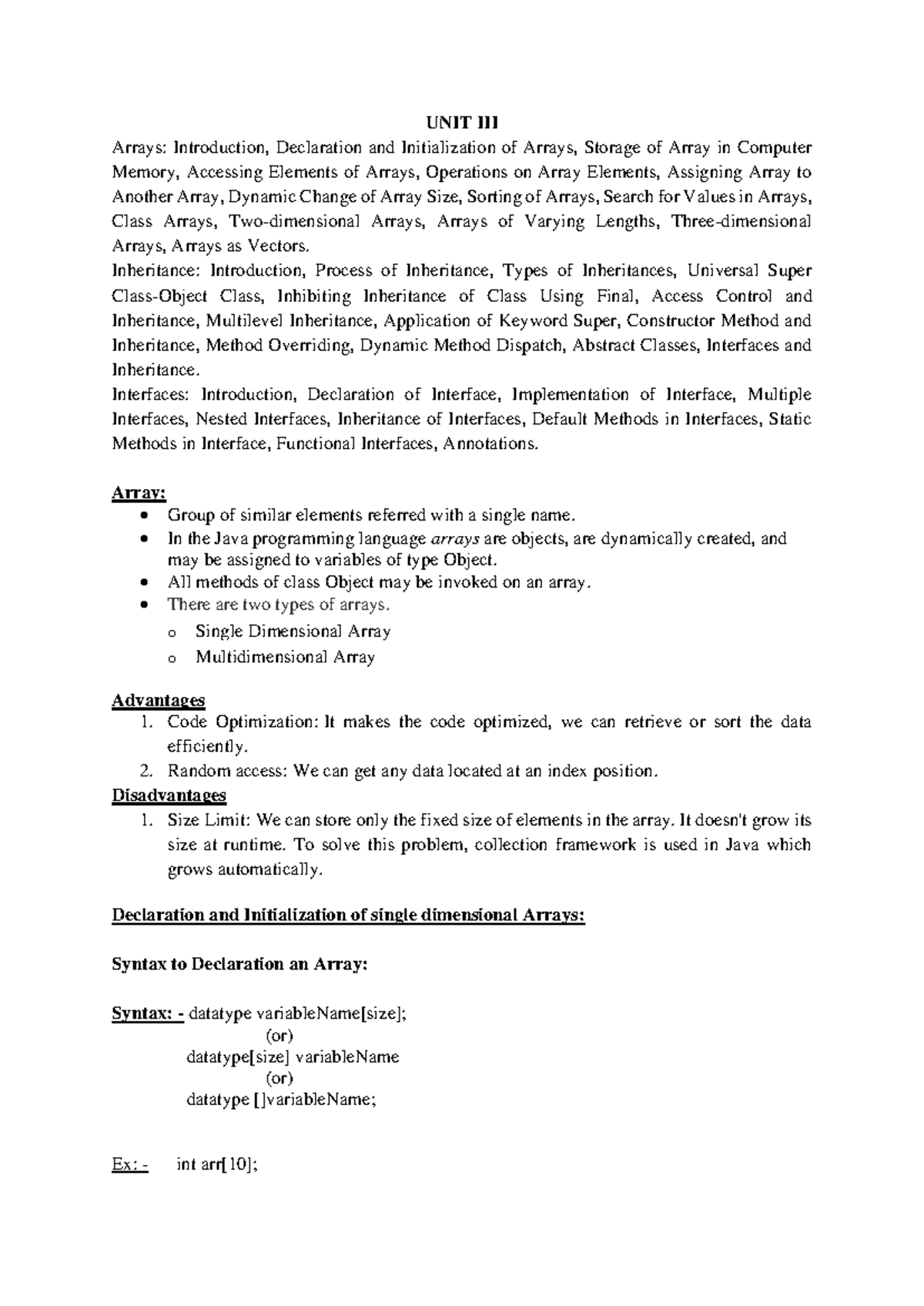Java R20 - UNIT-3 - Comprehensive Notes on Arrays and Inheritance - Studocu