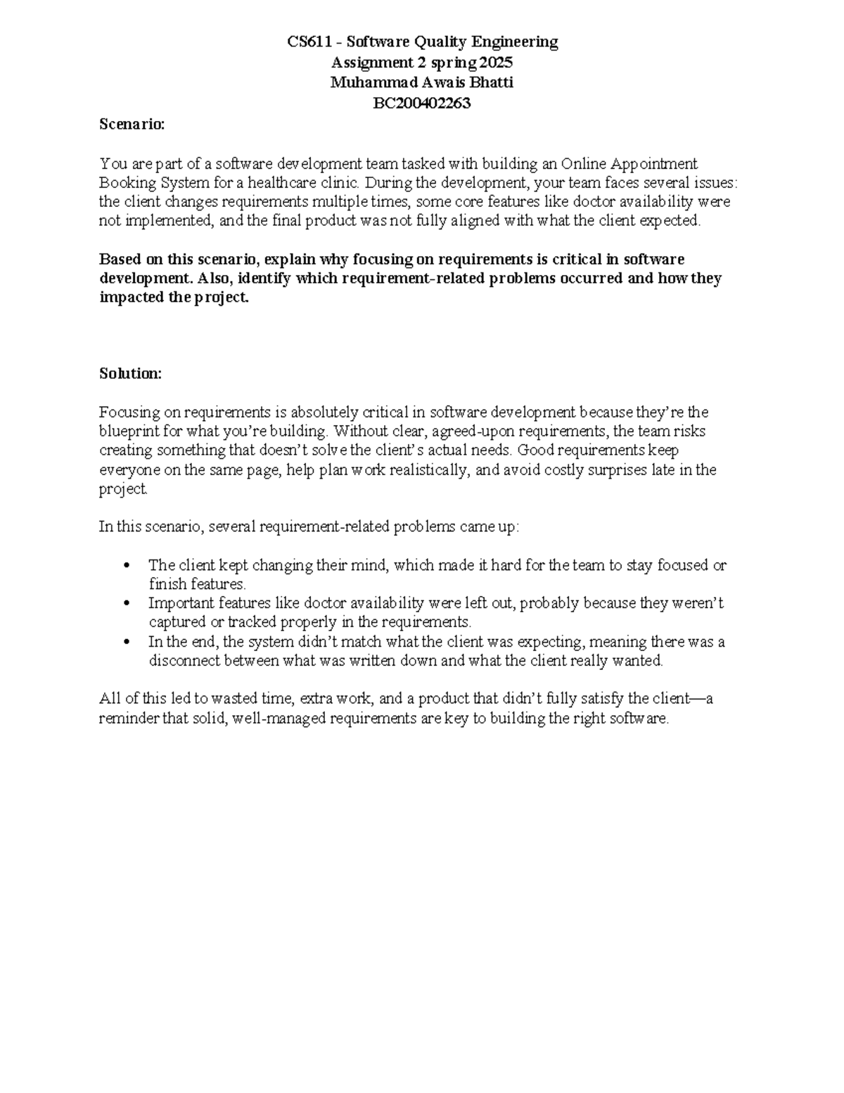CS611 Software Quality Engineering Assignment 2: Importance of Requirements - Studocu