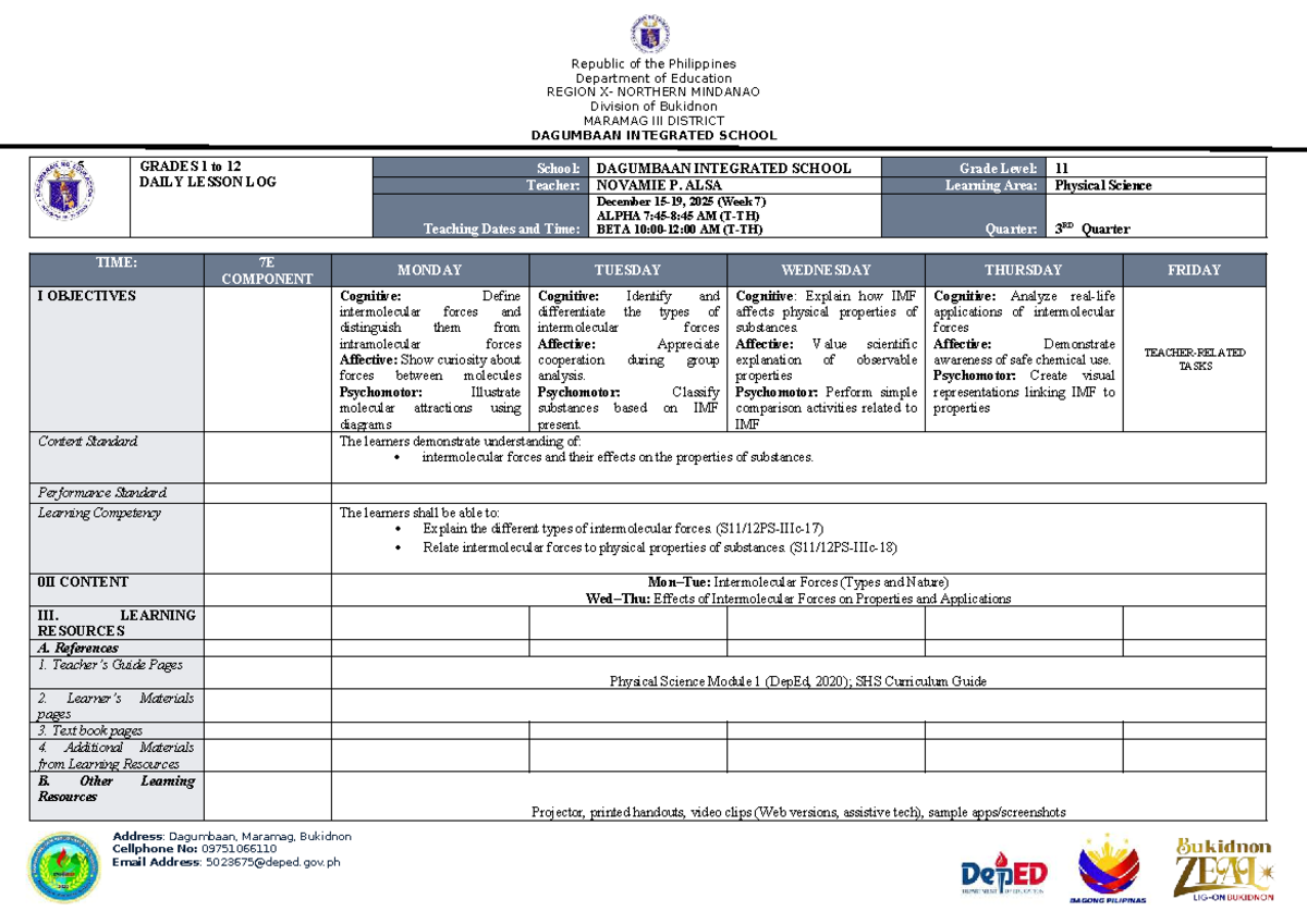 DLL-PS-W7: Daily Lesson Log for Physical Science on Intermolecular ...