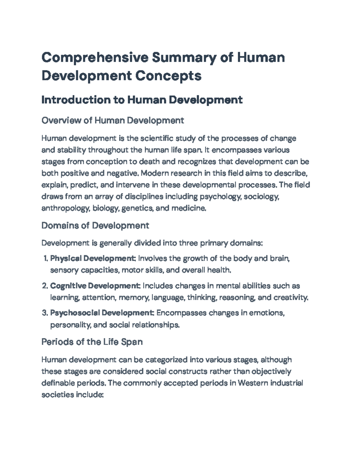 Comprehensive Overview of Human Development Concepts (Course Code ...