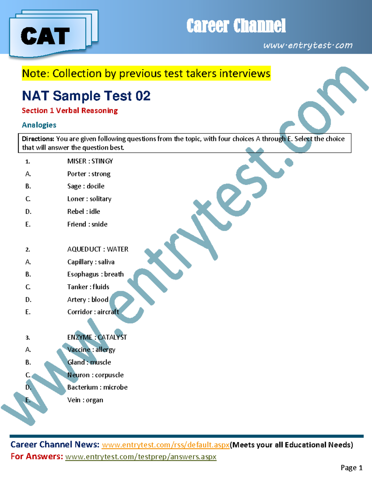 Nat ia sample test 02 - CAT entrytest Career Channel News: entrytest ...