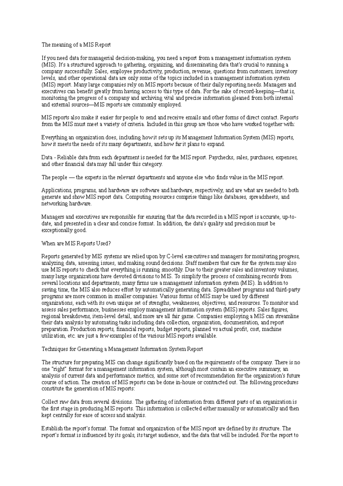 MIS Report - The meaning of a MIS Report If you need data for ...