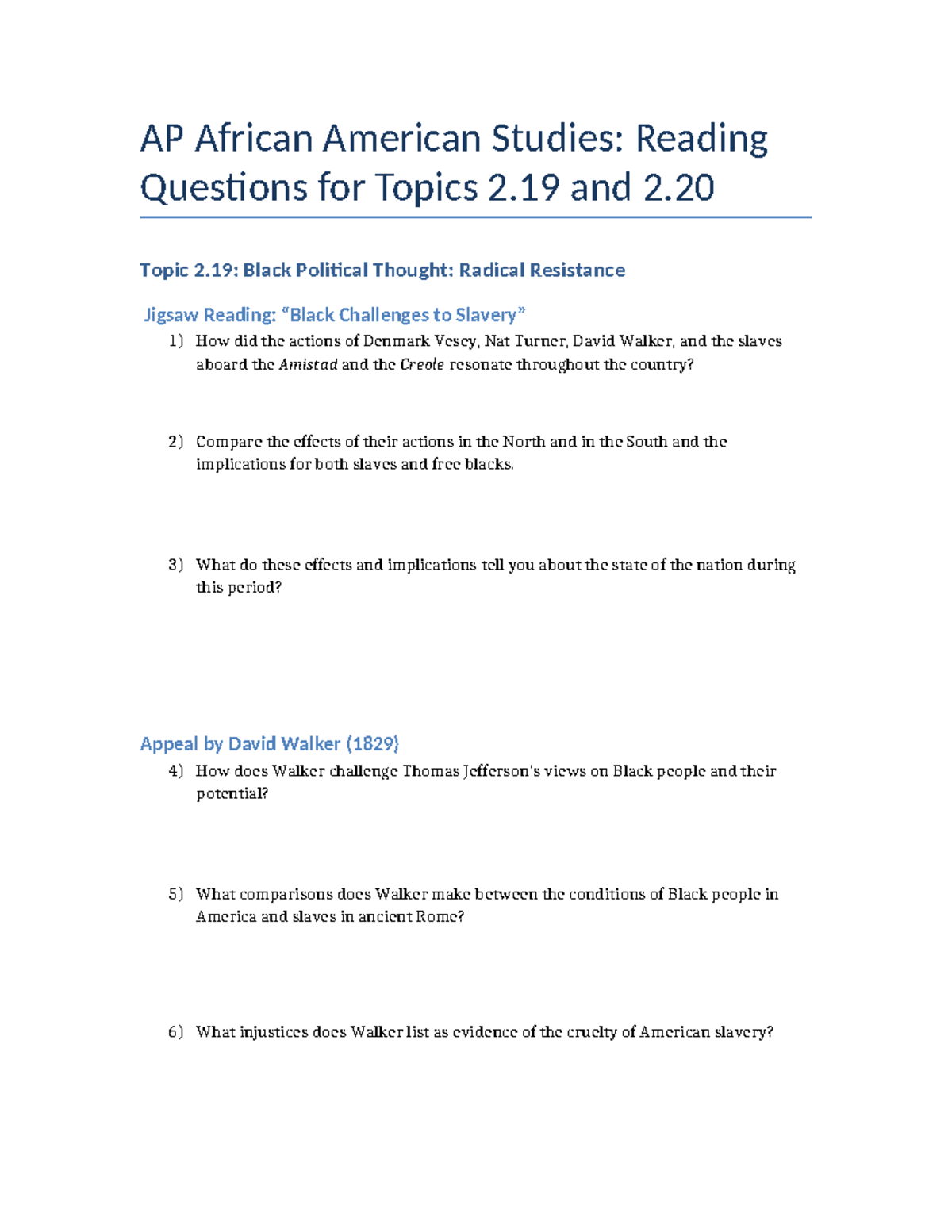 AP African American Studies: Reading Questions for Topics 2.19 & 2.20 ...