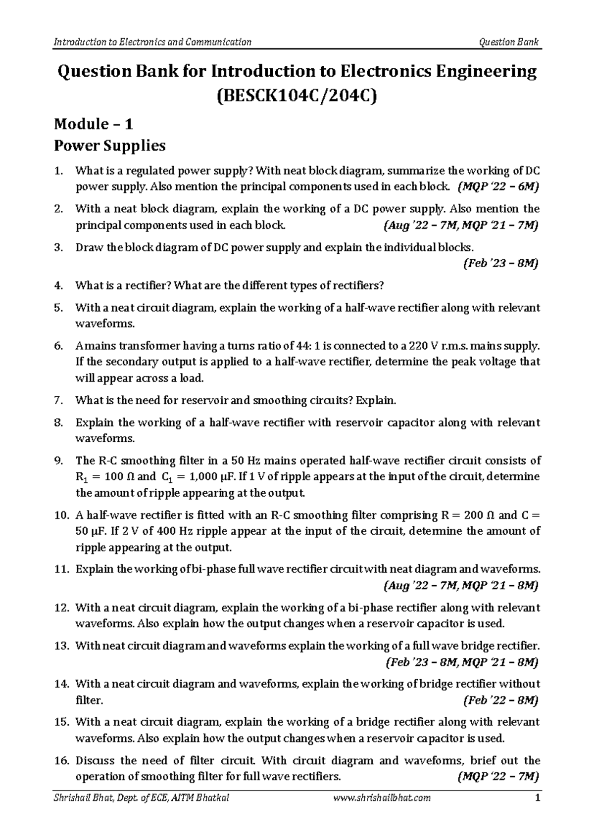 Model QP for Introduction to Electronics & Communication (BESCK104C/204C) - Studocu