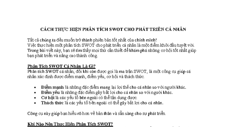 CÁCH THỰC HIỆN PHÂN TÍCH SWOT CHO PHÁT TRIỂN CÁ NHÂN - Final Exam - Studocu