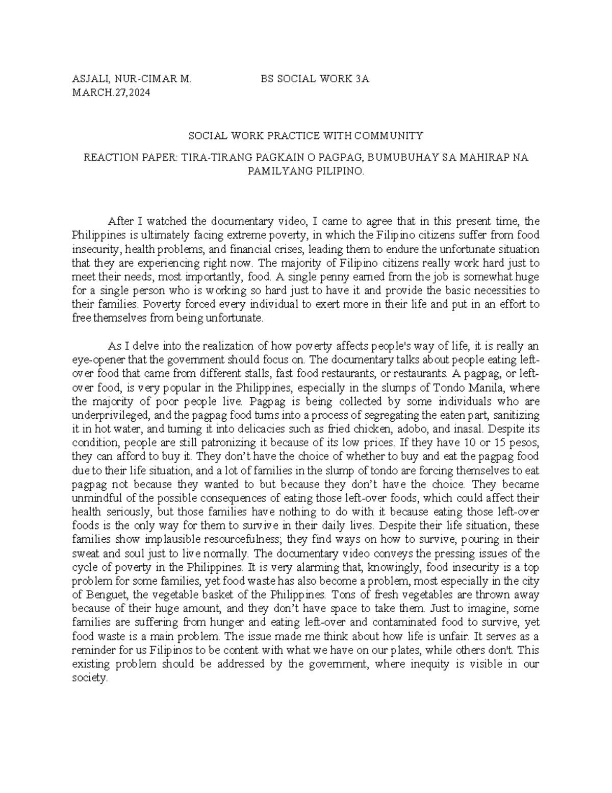 ASJALI, NUR-CIMAR M.'s Reaction Paper on Pagpag & Poverty in PH: SW 3A ...