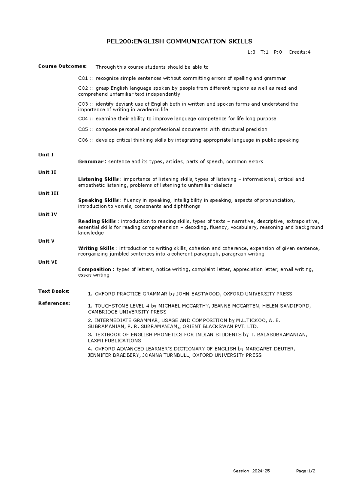 English Communication Skills - PEL200:ENGLISH COMMUNICATION SKILLS ...