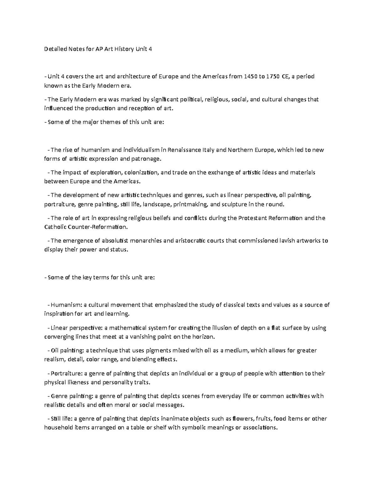 AP Art History Unit 4 - Detailed Class Notes on Early Modern Era - Studocu