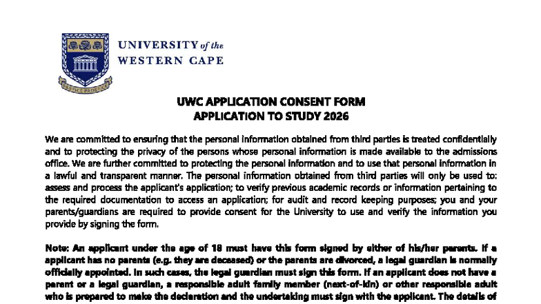 UWC Application Consent Form for 2026 Study Admission - Studocu