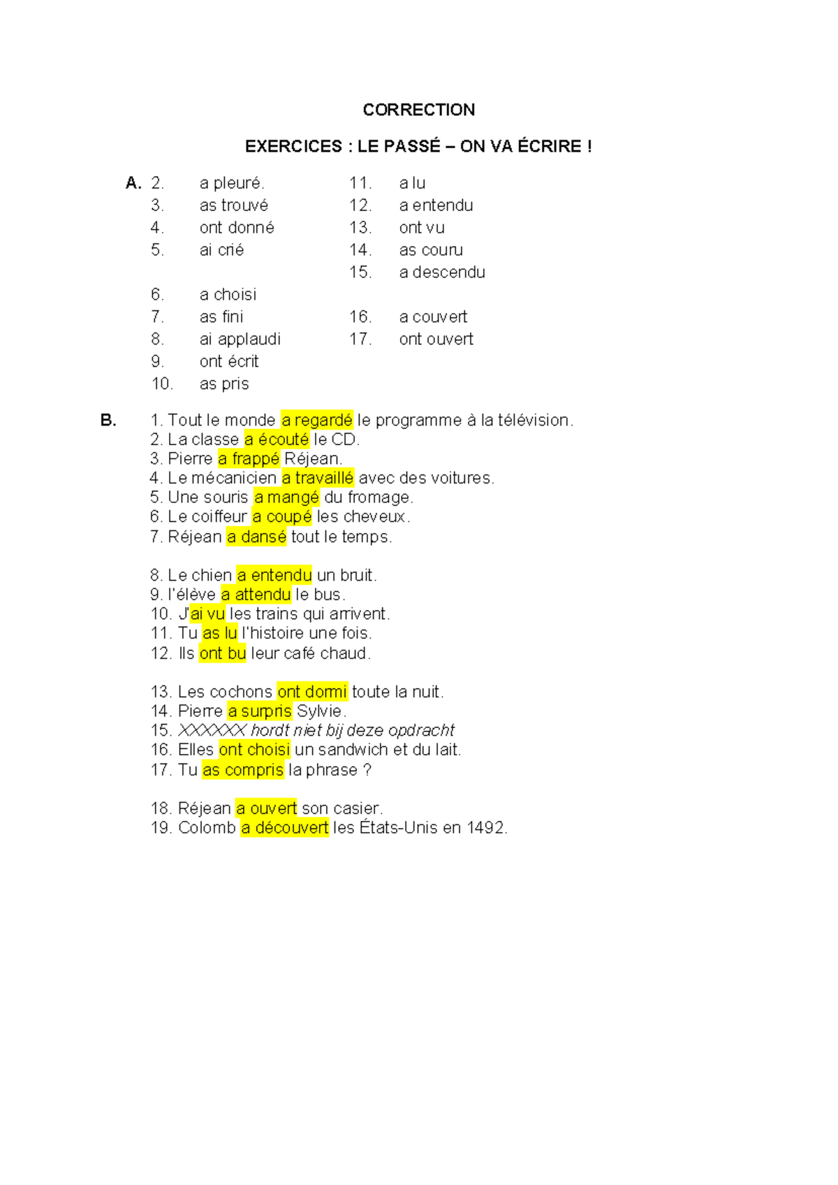 Correction des Ex. sur le Passé Composé A et B - Studeersnel