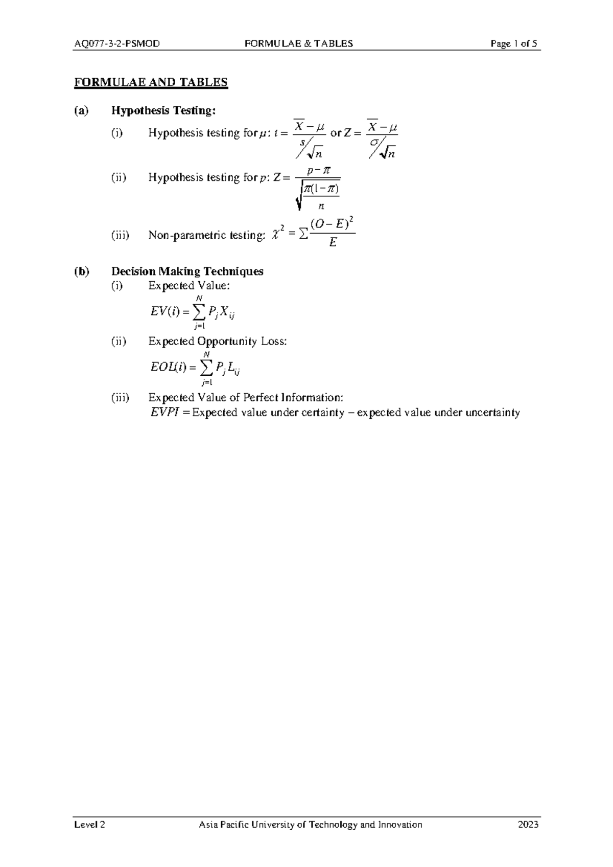 Formulae and Tables for Final Exam - Level 2 (APU 2023) - Studocu