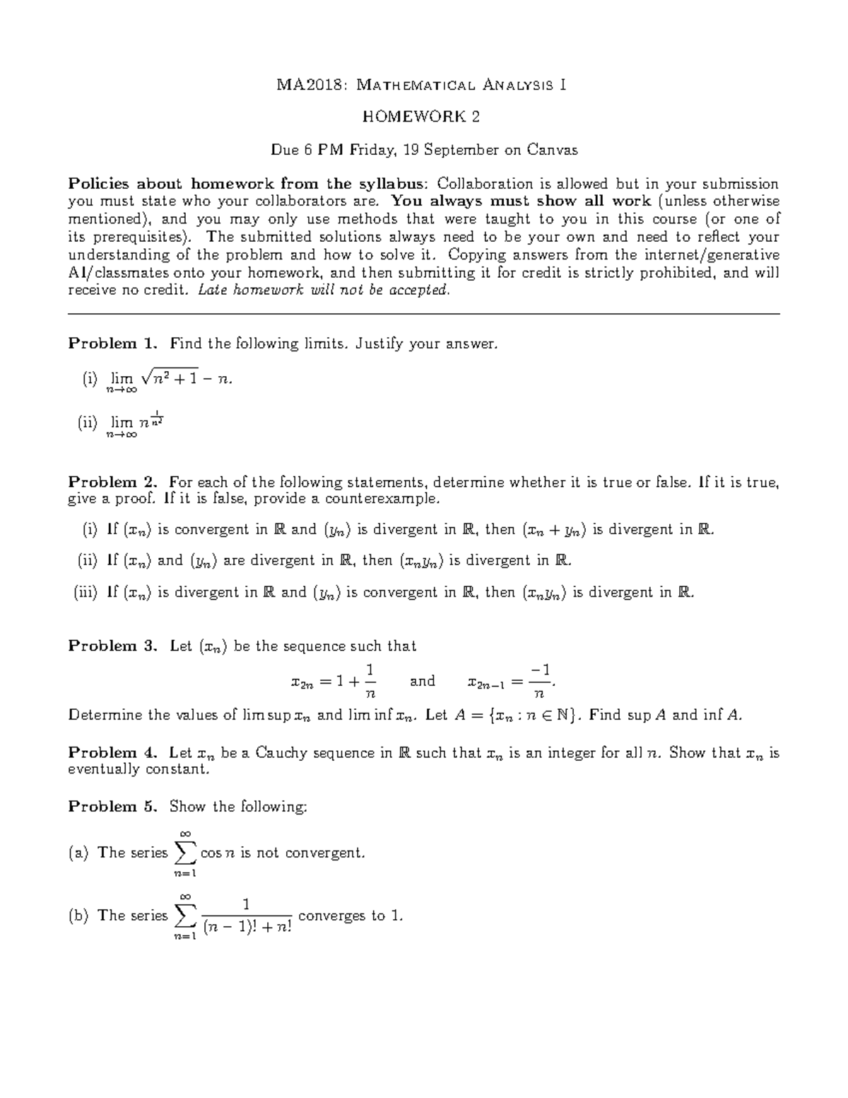 MA2018: Mathematical Analysis I Homework 2 Solutions and Policies - Studocu