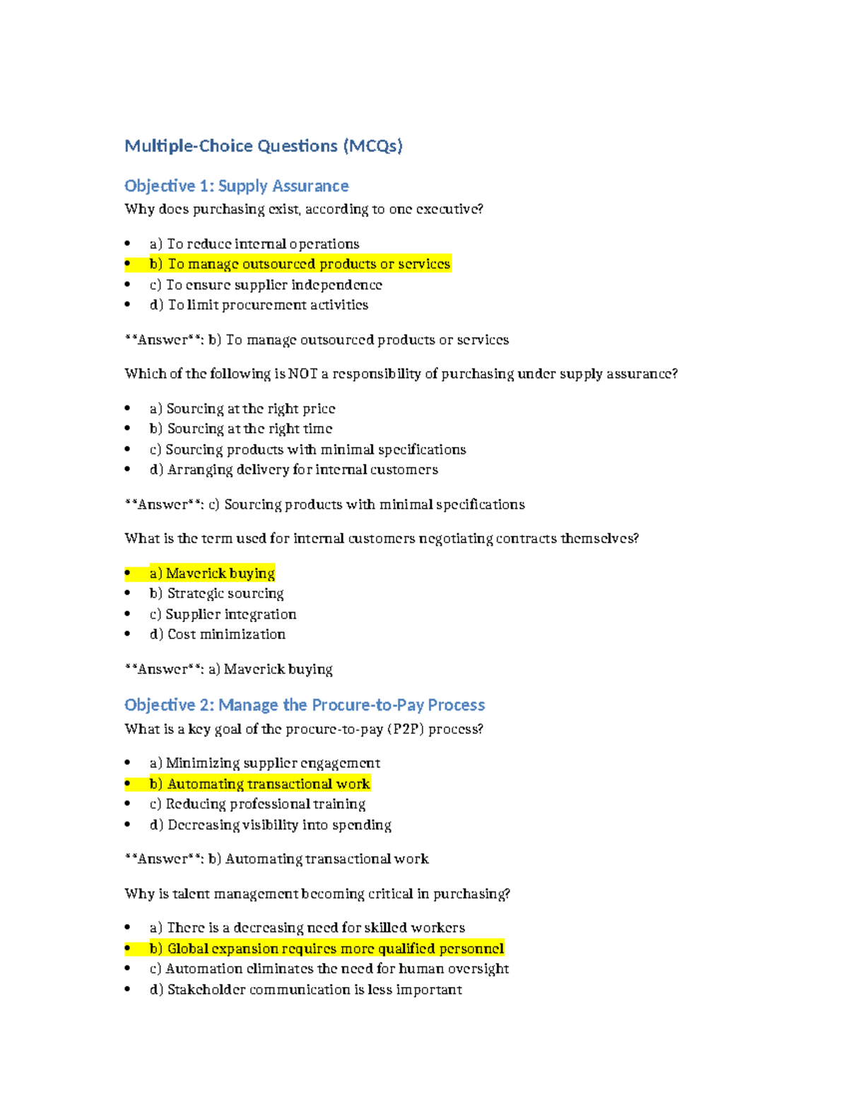 MCQs for Chapter 2: Purchasing Objectives (PUR 101) - Studocu