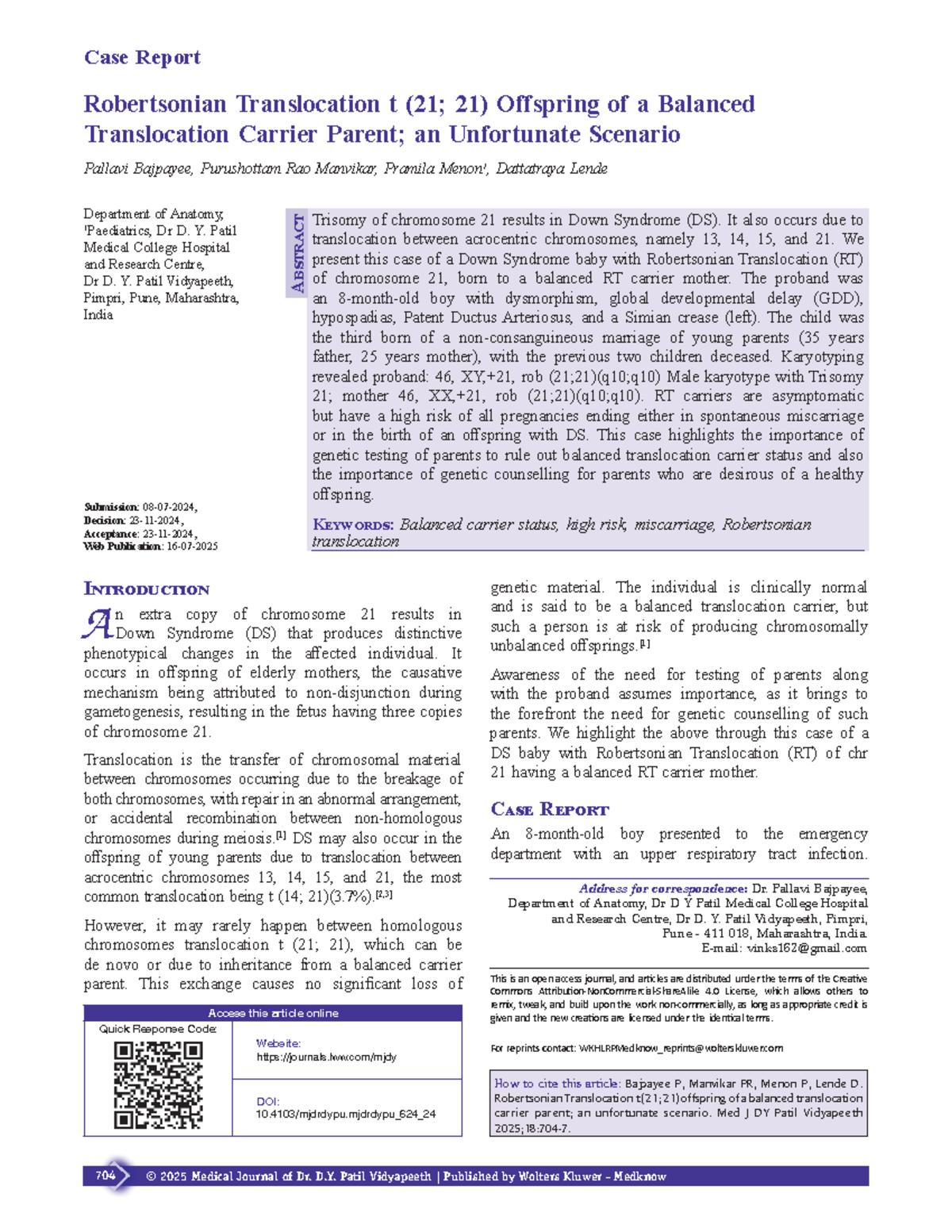 Case Study: Robertsonian Translocation t(21) in Down Syndrome Offspring ...