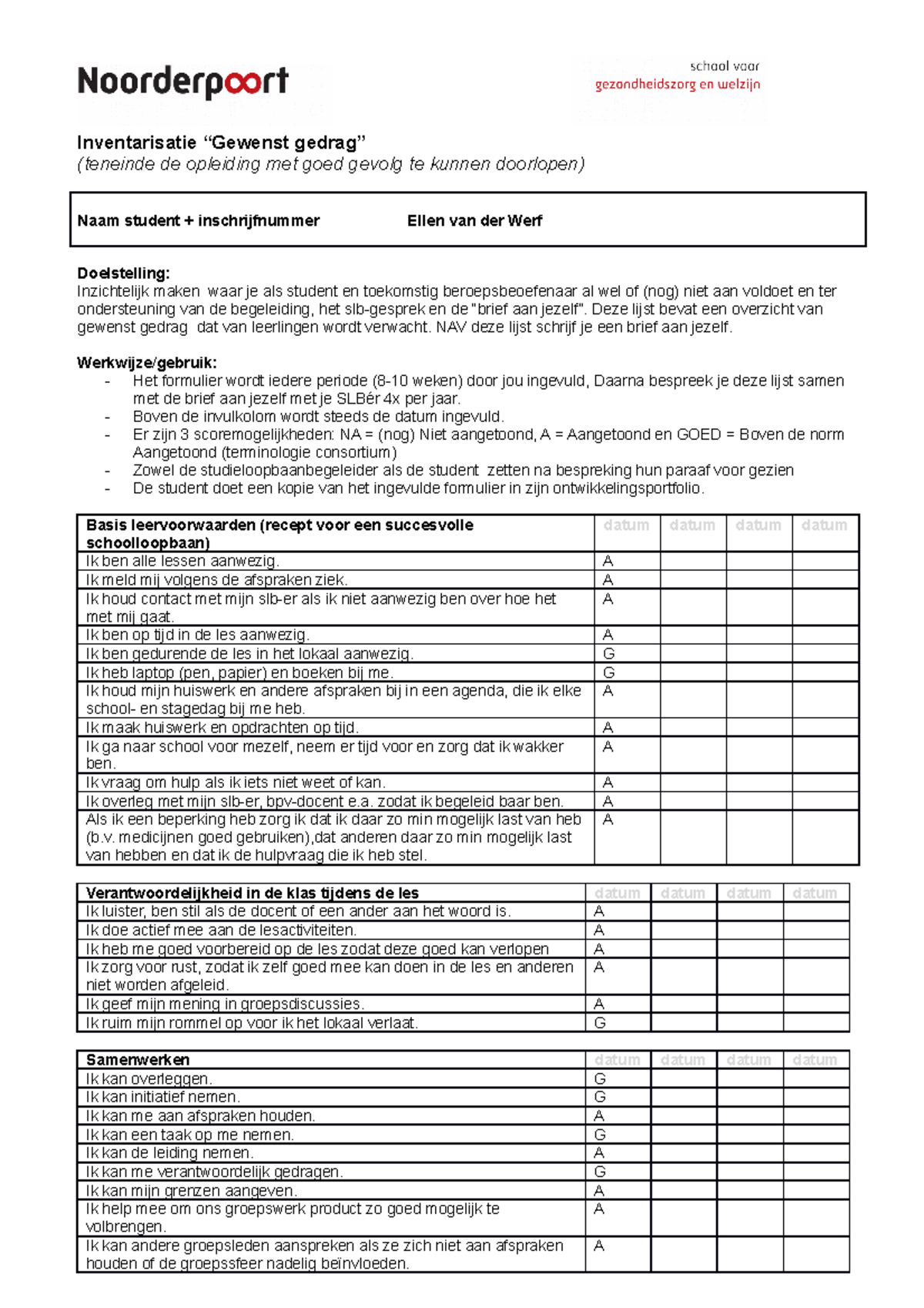 Overzicht Gewenst Gedrag voor Studenten - Evaluatie en Reflectie - Studeersnel